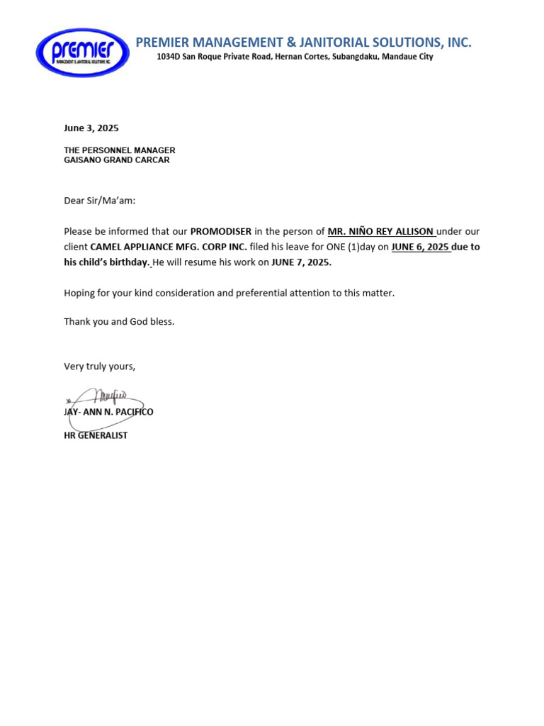Allison Leave Letter | PDF