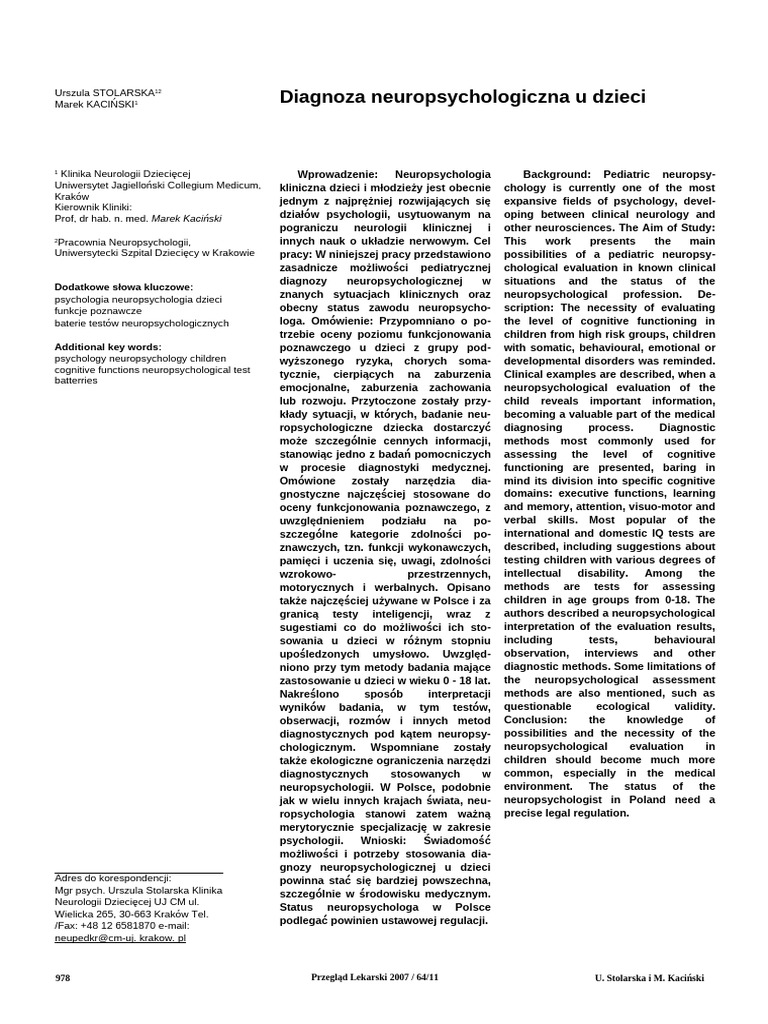 Stolarska Kacinski Diagnoza Neuropsychologiczna U Dzieci 2007 | PDF