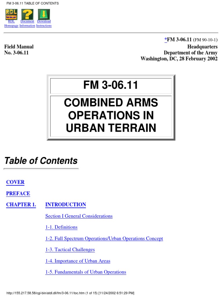 U.S. Army Field Manual FM3-06.11, Combined Arms Operations in Urban ...