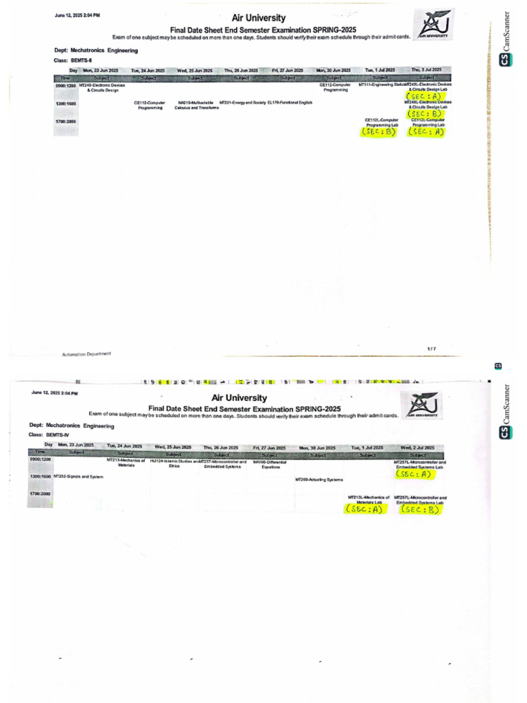 Lab Final Exams Date Sheet SP-25 (Section Wise) | PDF
