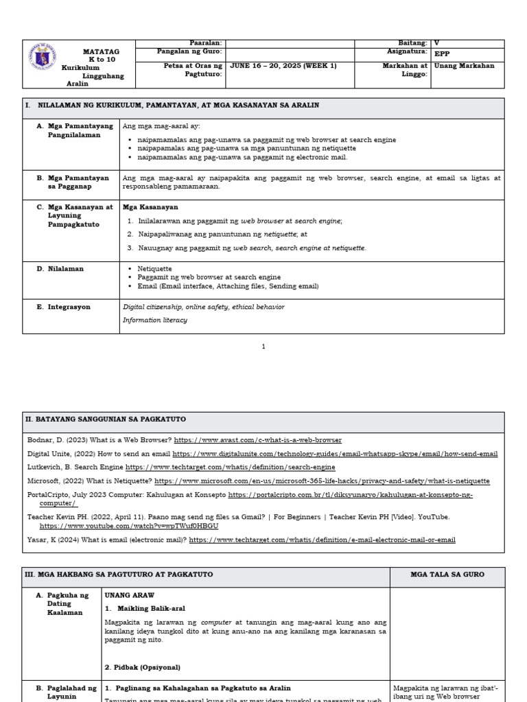 Epp 5 DLL Matatag - q1 - w1 | PDF