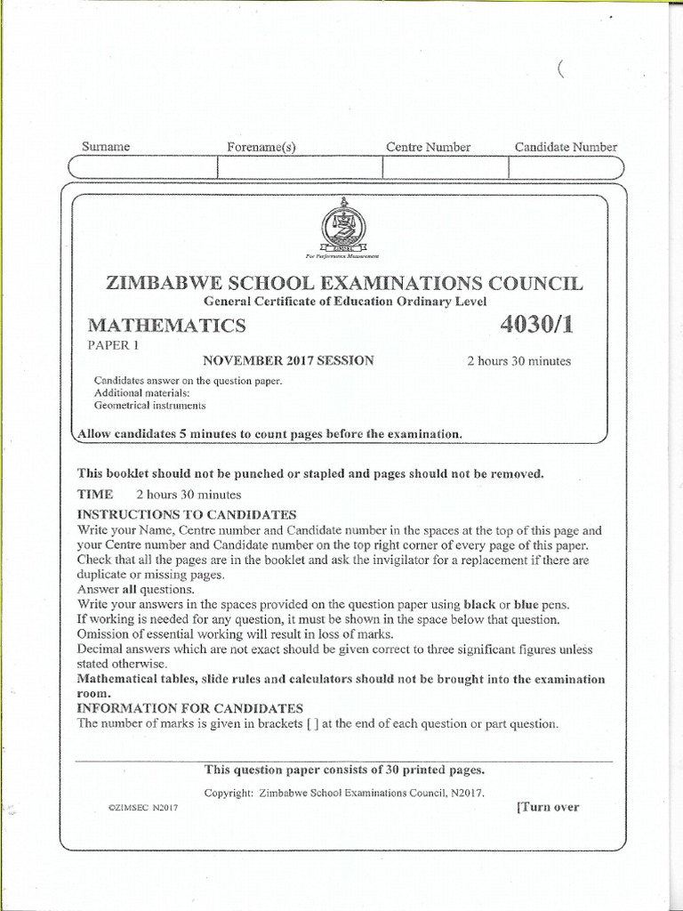 Zimsec November 2017 Paper 1 | PDF