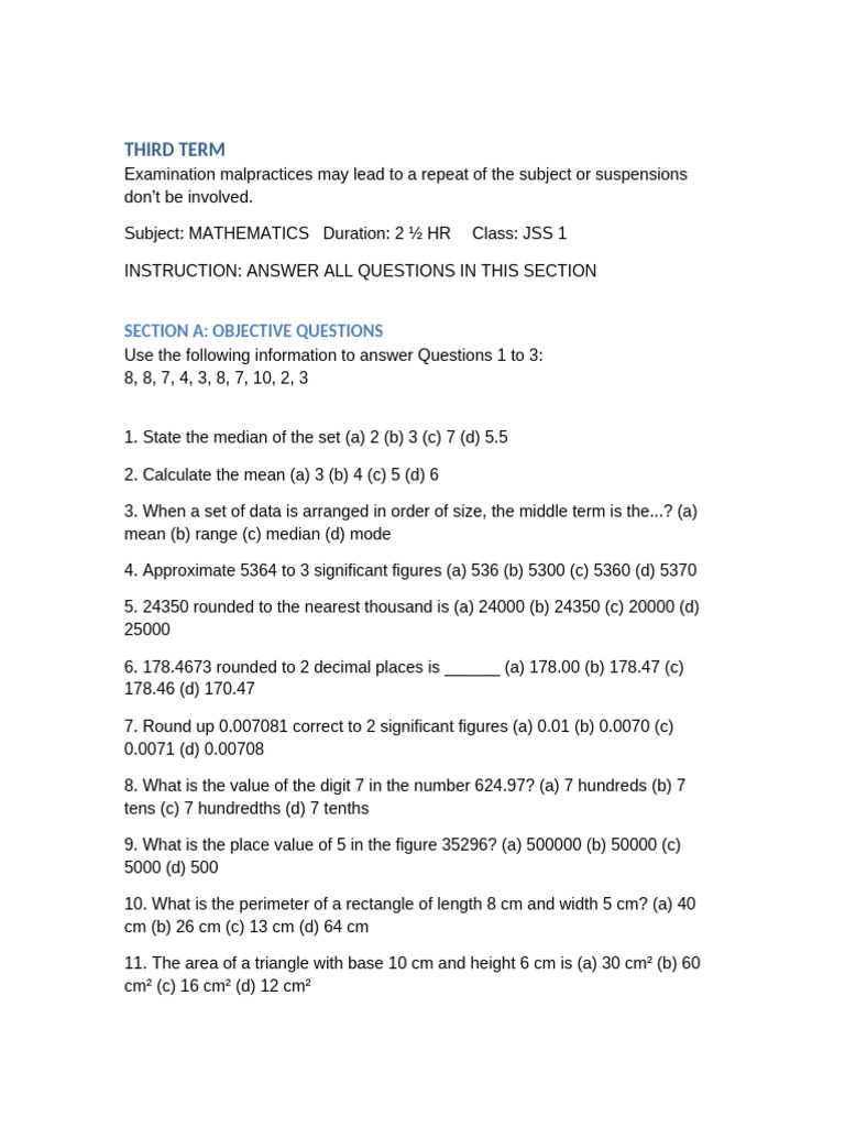 JSS1 Mathematics Third Term Exam | PDF | Area | Significant Figures