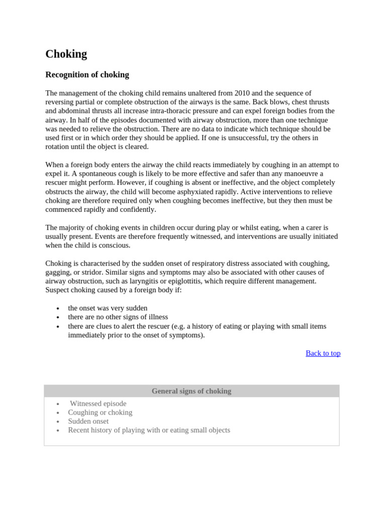 Choking Management in Children Guide | PDF | Clinical Medicine ...