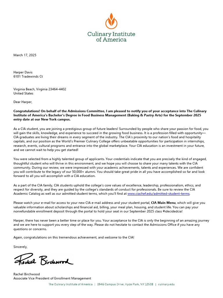 CIA Acceptance Letter for Harper Davis | PDF