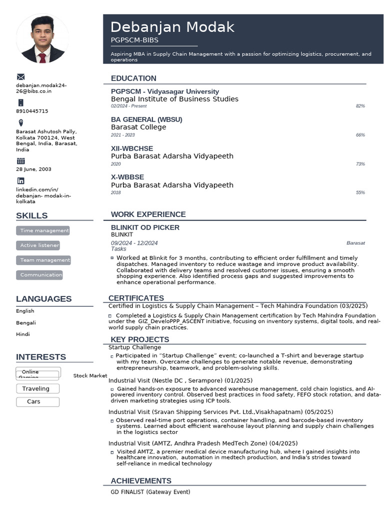 My Resume Debanjan Modak | PDF | Logistics | Supply Chain Management