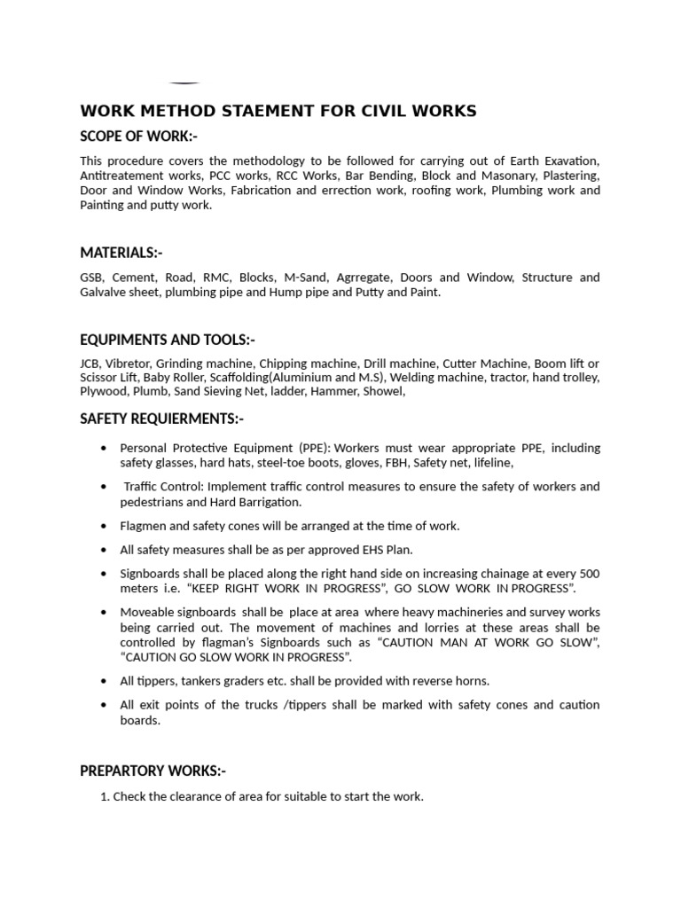 Work Method Statement for Civil Works | PDF