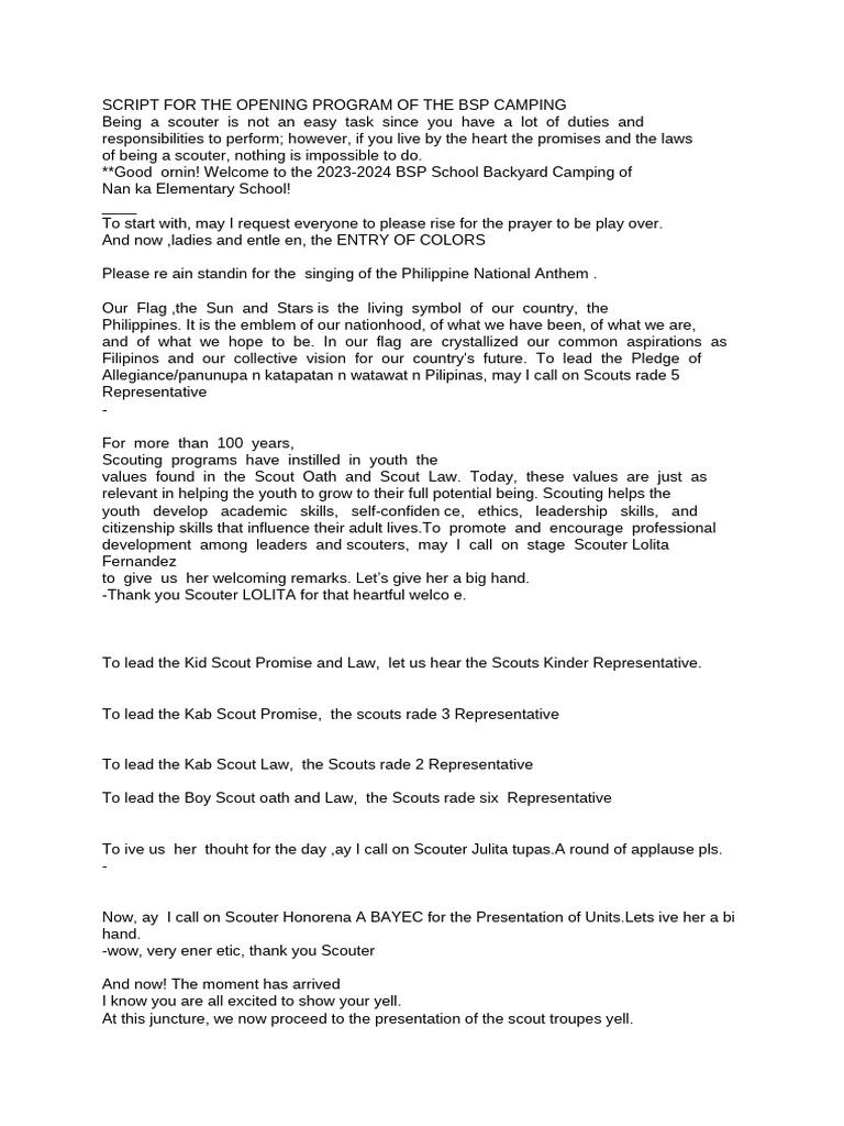 Script For The Opening Program of The BSP and GSP Backyard | PDF ...