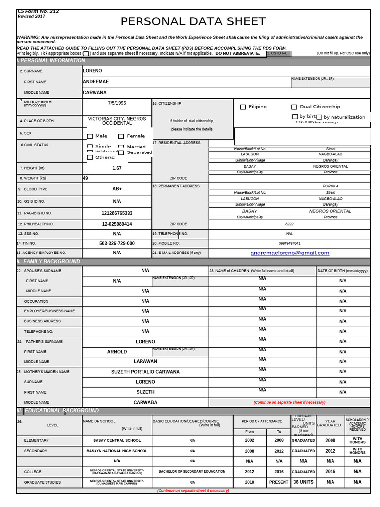 Personal Data Sheet Template | PDF | Government | Justice