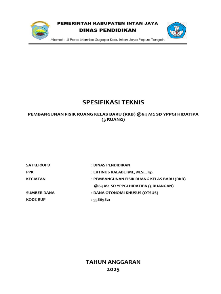 Spesifikasi Pembangunan RKB SD YPPGI | PDF