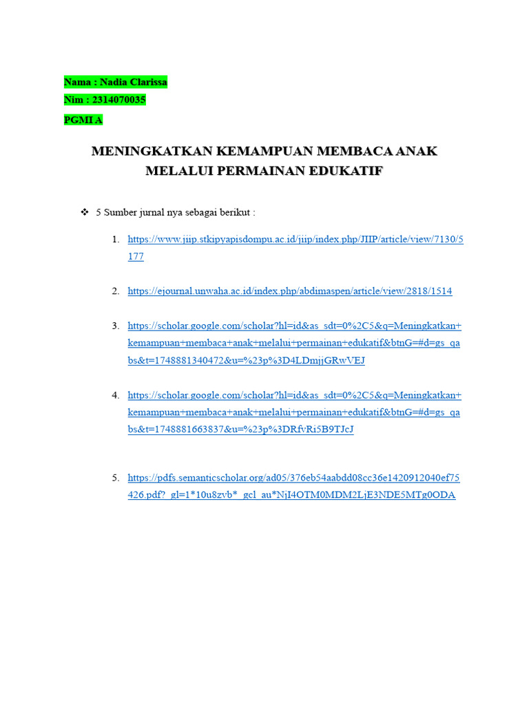 Tugas 1 Membaca Menulis Nadia 0035 | PDF
