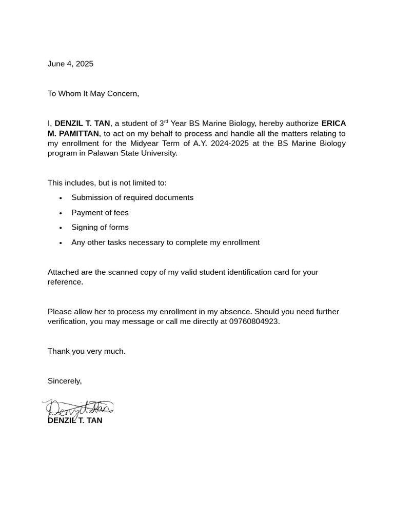 Enrollment Authorization Letter for BS Marine Biology | PDF