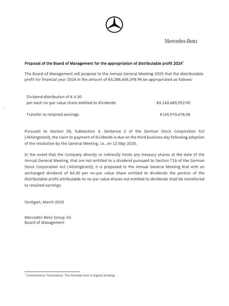 Mercedes Benz Ir Am 2025 Proposal For Appropriation of Distributable ...