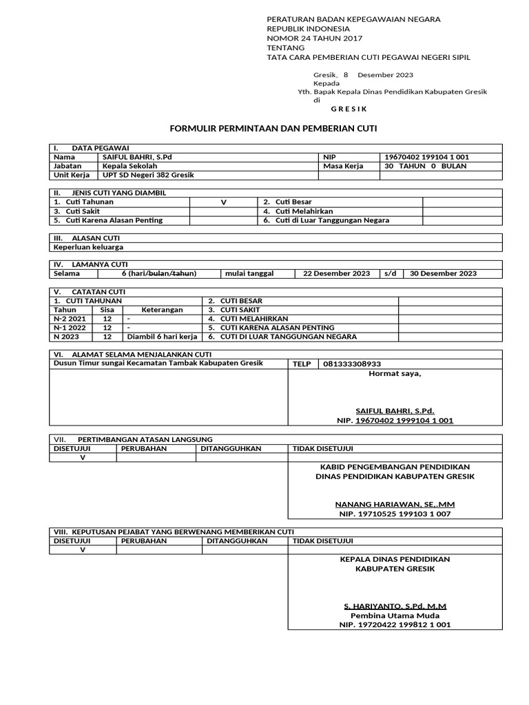 Format Cuti Kepsek | PDF