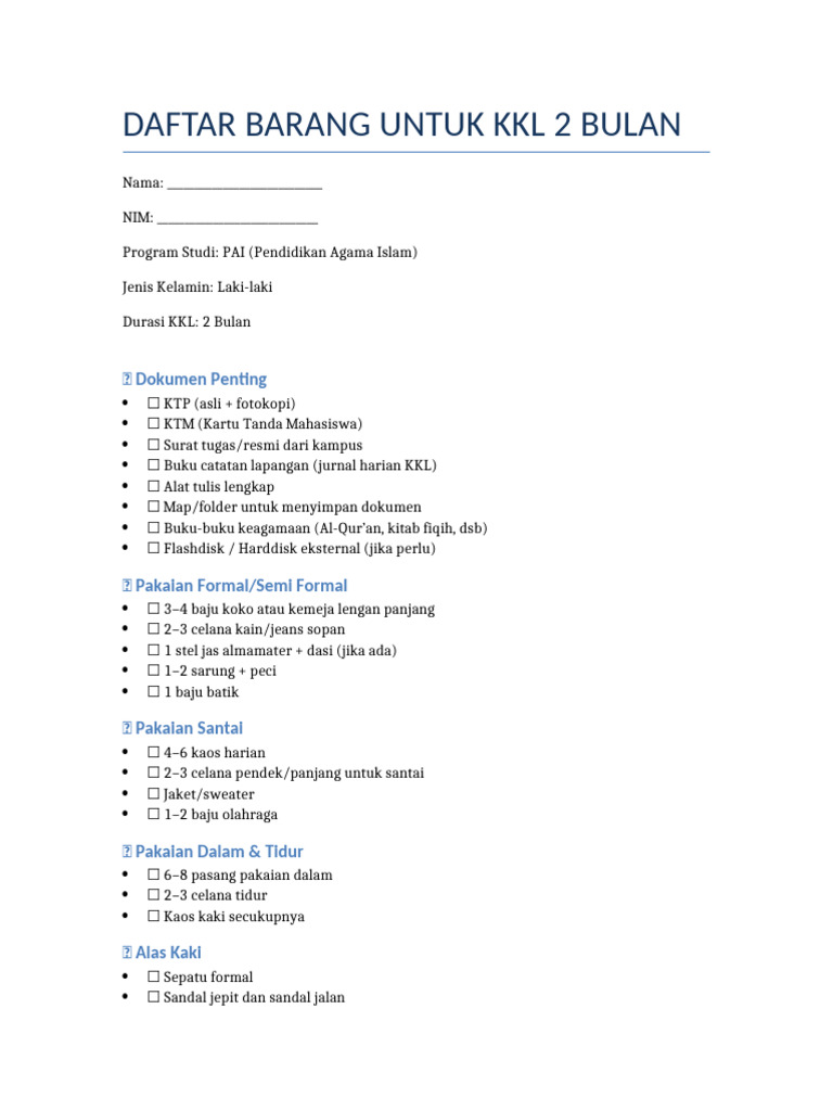 Checklist Barang KKL 2 Bulan PAI | PDF