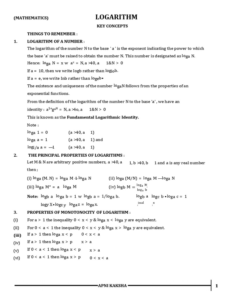 Important Sheet - 01 - Logarithm | PDF | Logarithm | Numbers