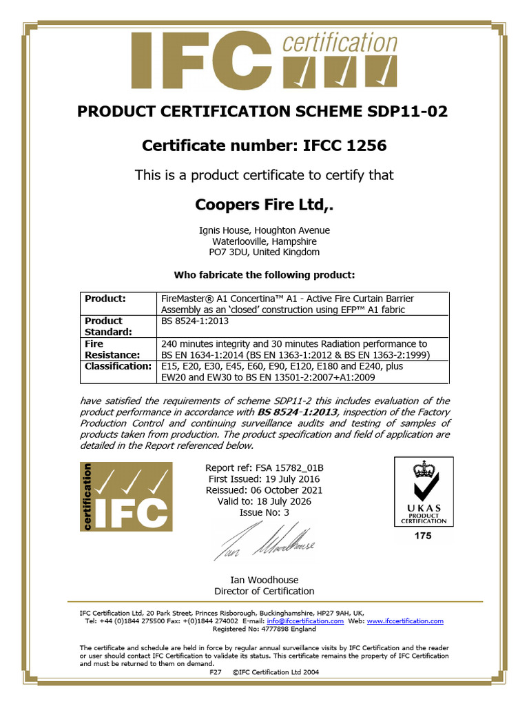 Coopers-Fire Certificate IFC FireMaster A1 Concertina Closed BS8524 Unlocked | PDF