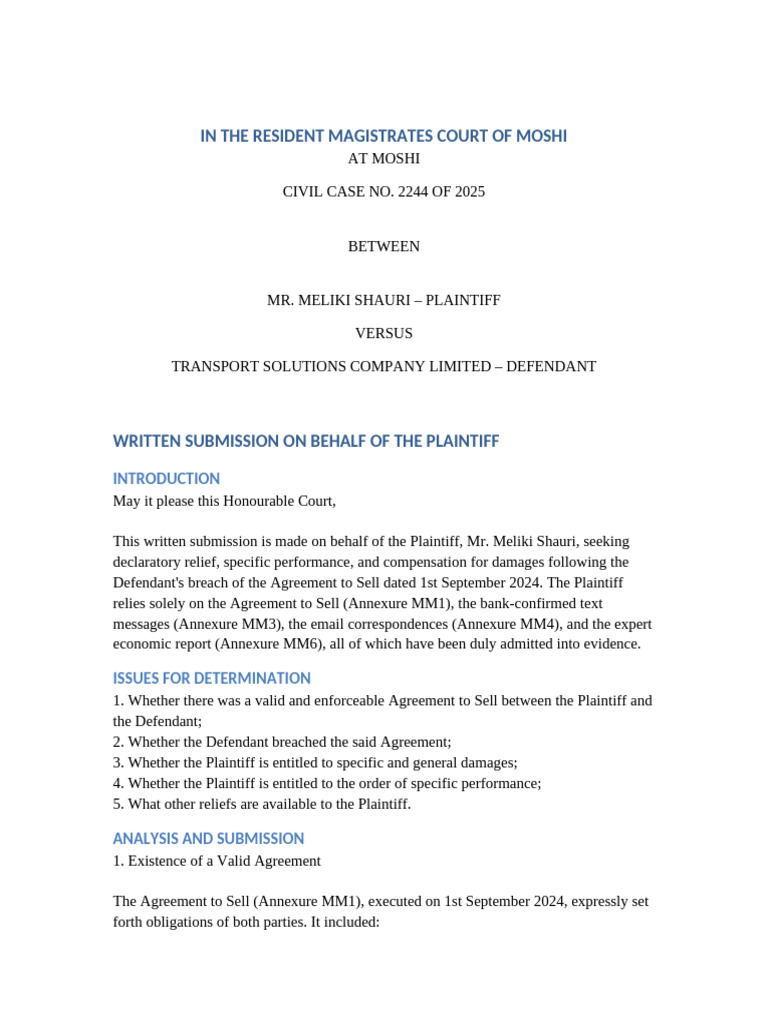 Written Submission Meliki Shauri | PDF | Damages | Punitive Damages