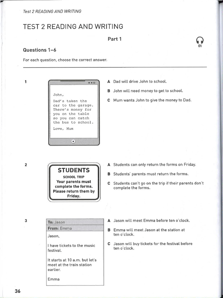 A2 Key Collins For School - Test 2 - Rading Part 1 & 2 | PDF