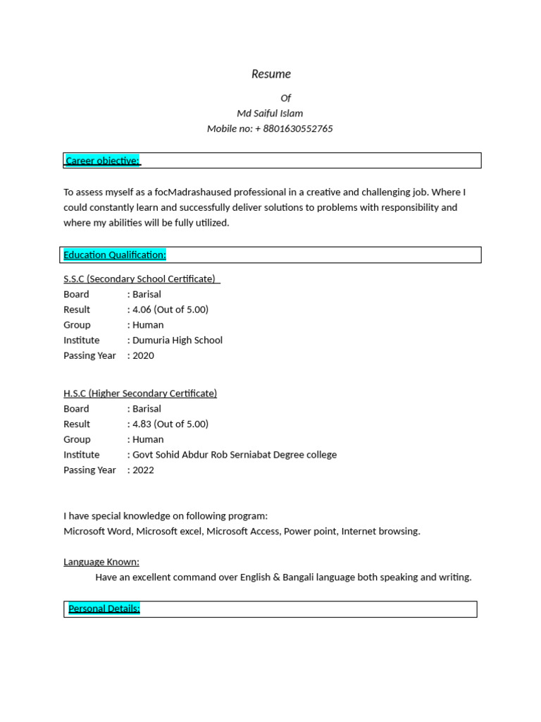 Resume: of MD Saiful Islam Mobile No: + 8801630552765 | PDF