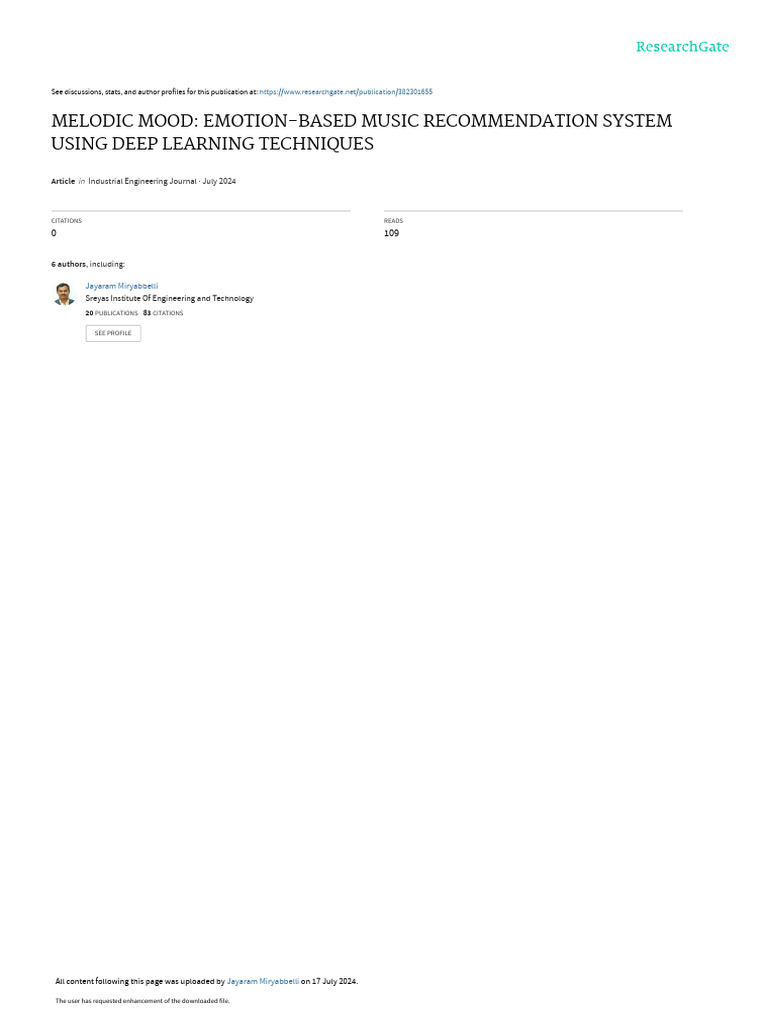 Melodic Mood Emotion-Based Music Recommendation Sy | PDF | Deep Learning | Machine Learning