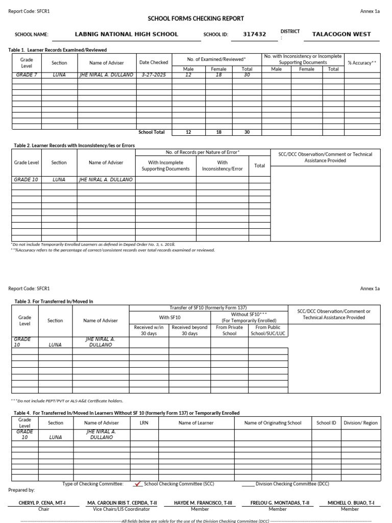 School Forms Checking Report | PDF