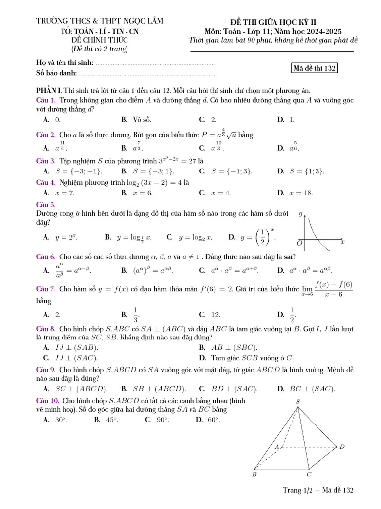 De Giua Hoc Ky 2 Toan 11 Nam 2024 2025 Truong Ngoc Lam Dong Nai | PDF