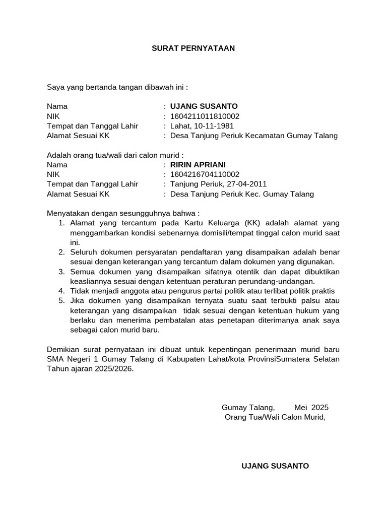 Surat Pernyataan Pendaftaran Murid Baru | PDF