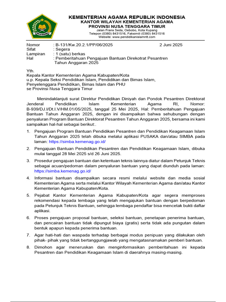 Pemberitahuan Pengajuan Bantuan PD Pontren 2025 | PDF