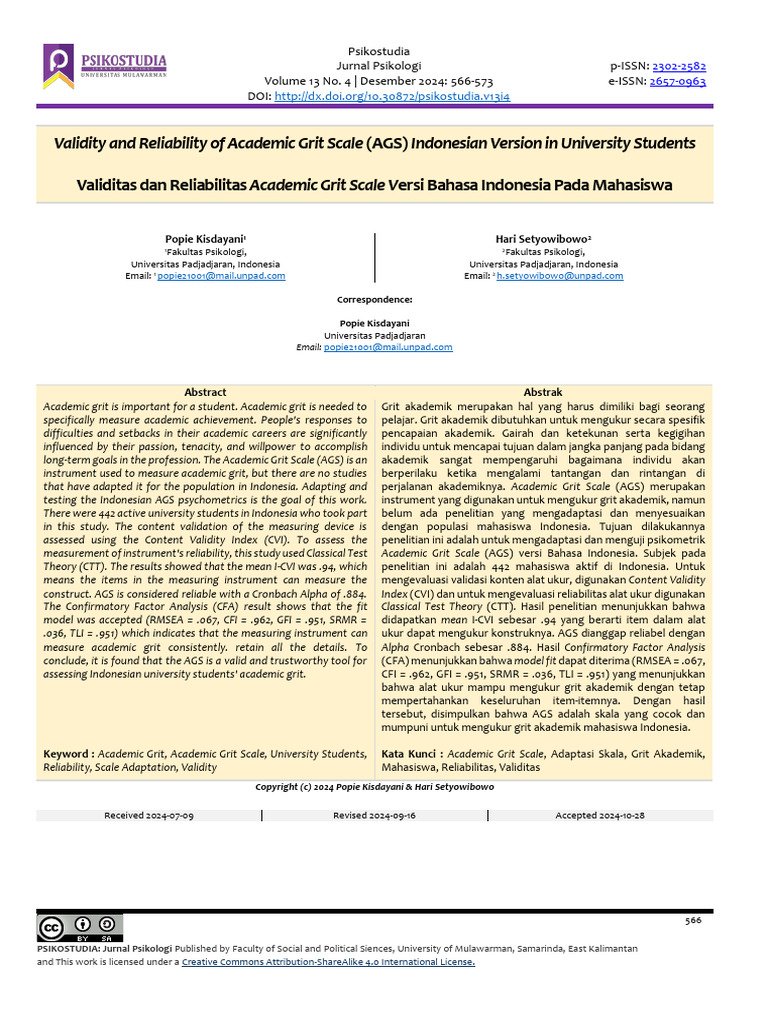 Validity and Reliability of Academic Grit Scale AG | PDF