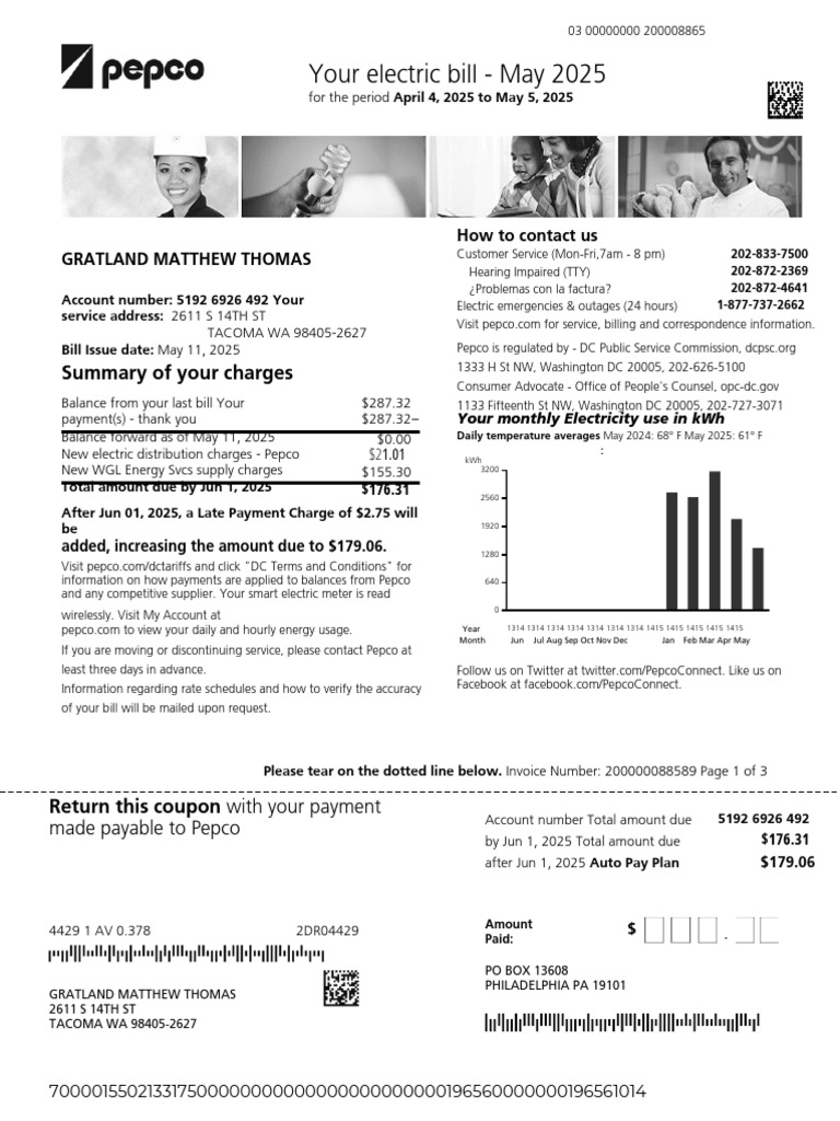Pepco Electric Bill Summary May 2025 | PDF | Debit Card