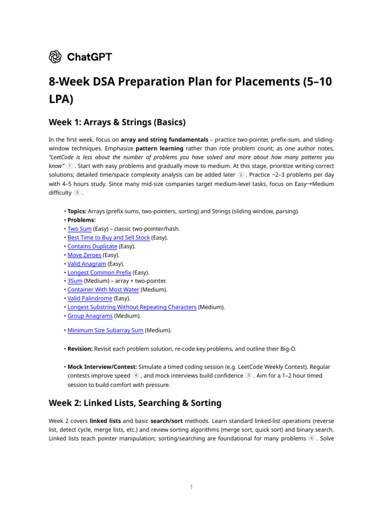 8-Week DSA Preparation Plan For Placements (5-10 LPA) | PDF | Dynamic Programming | Computer ...