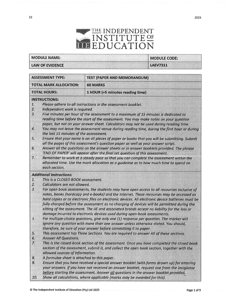 Laev 7311 - Test 1 (Main Test) - Paper Only - 2023 | PDF