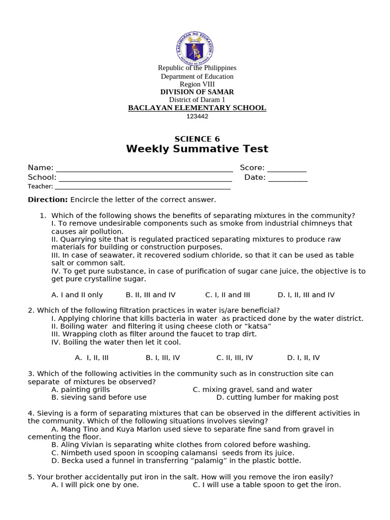1st Quarter Summative Grade 6 | PDF | Logos | Filtration