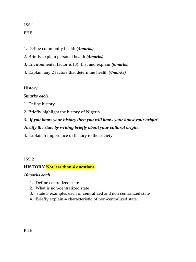 PHE & History JSS1 &2 Corrected | PDF