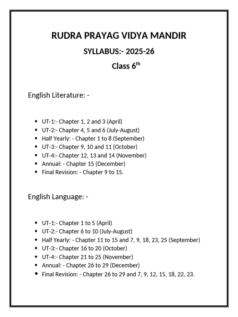 Syllabus Class 6TH 25-26 | PDF | Languages Of India