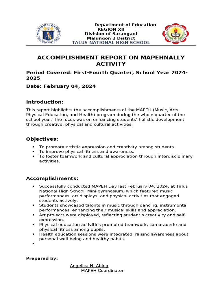 Accomplishment Report On Mapehnally Activity Pmes | PDF | Physical ...