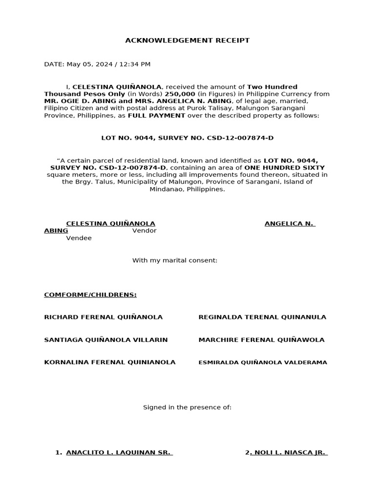 Acknowledgement Receipt for Property Sale | PDF