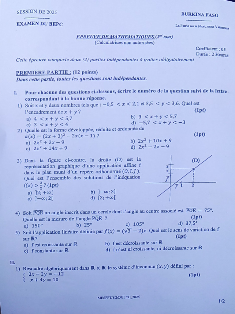 BEPC - Maths 2tour - 2025 | PDF