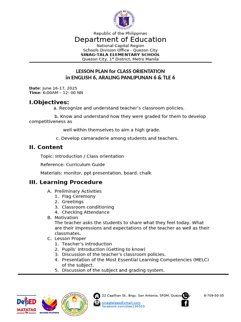 Class Orientation Plan for English 6 | PDF | Teachers | Metro Manila