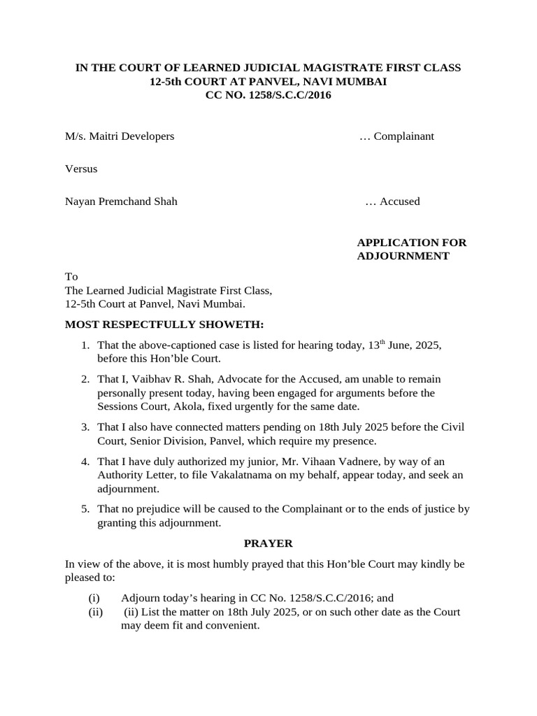 Adjournment Application in Court Case CC 1258 | PDF