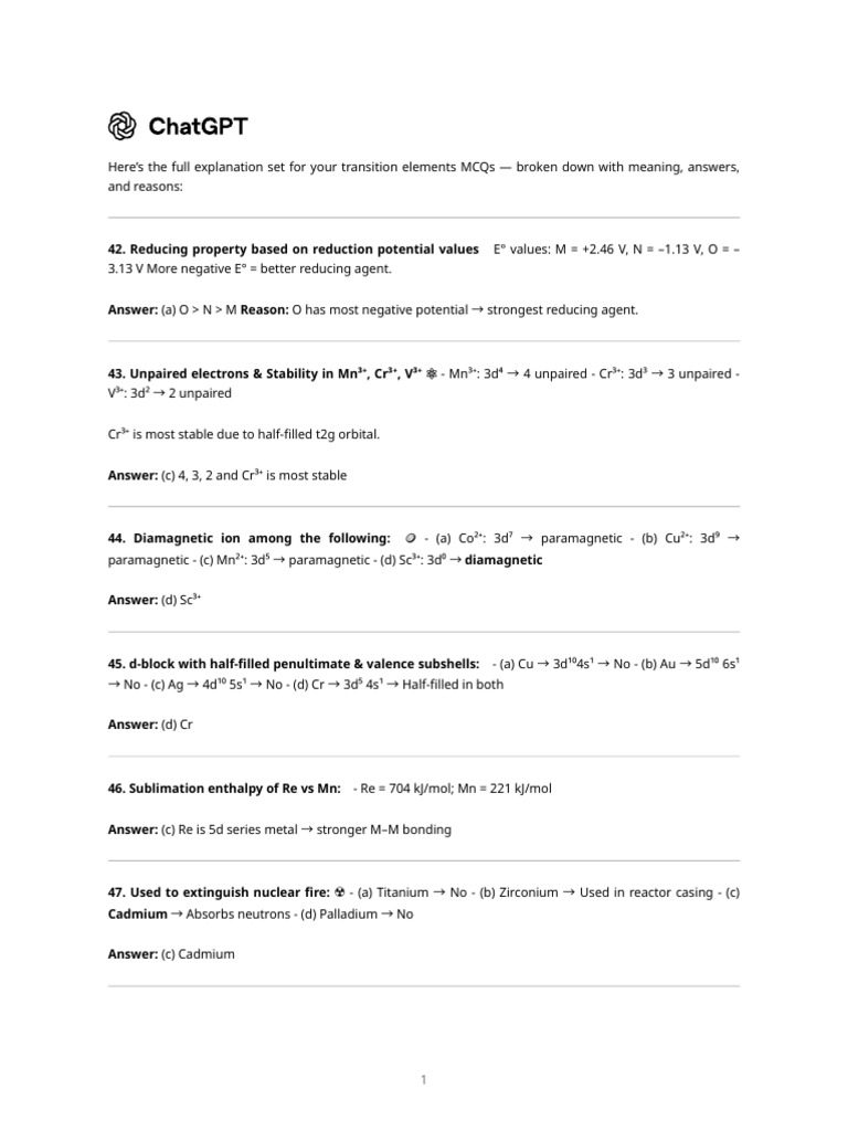 Transition Metal MCQ Explained | PDF | Transition Metals | Metallic ...