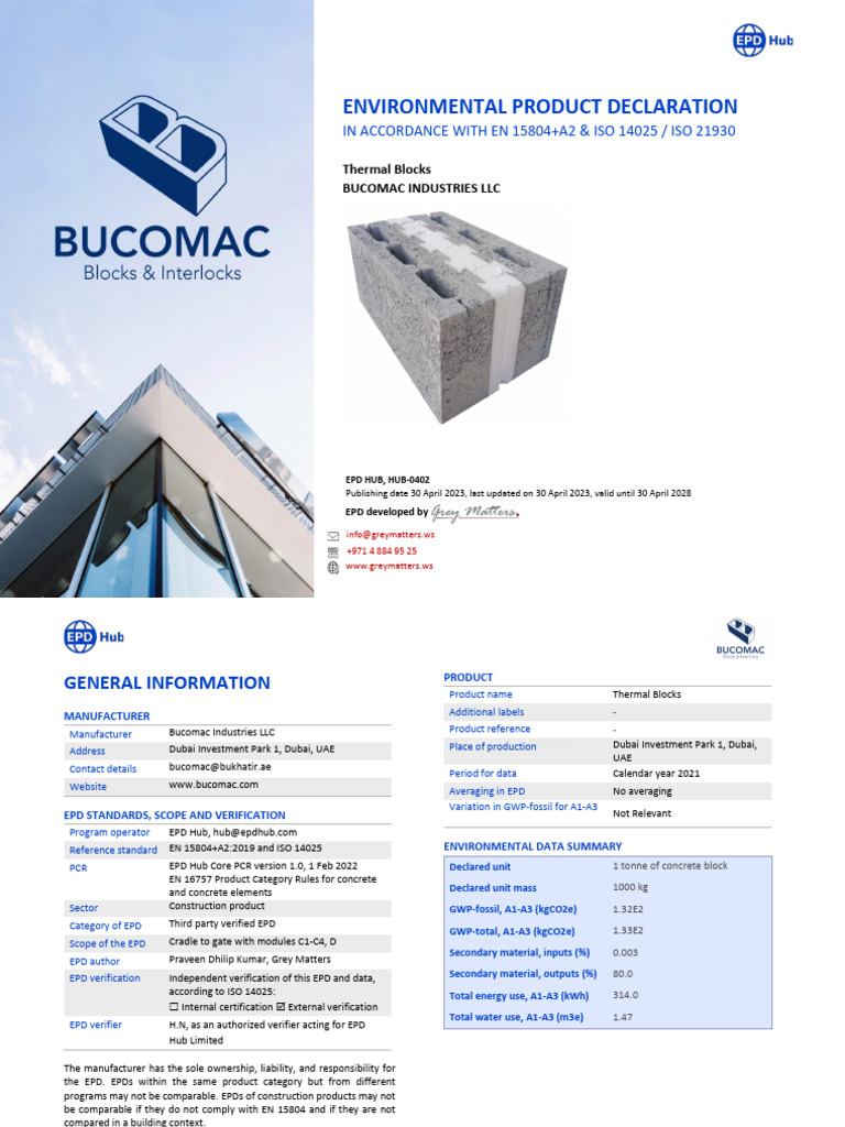 Bucomac Thermal Blocks EPD 2023 | PDF | Life Cycle Assessment | Concrete