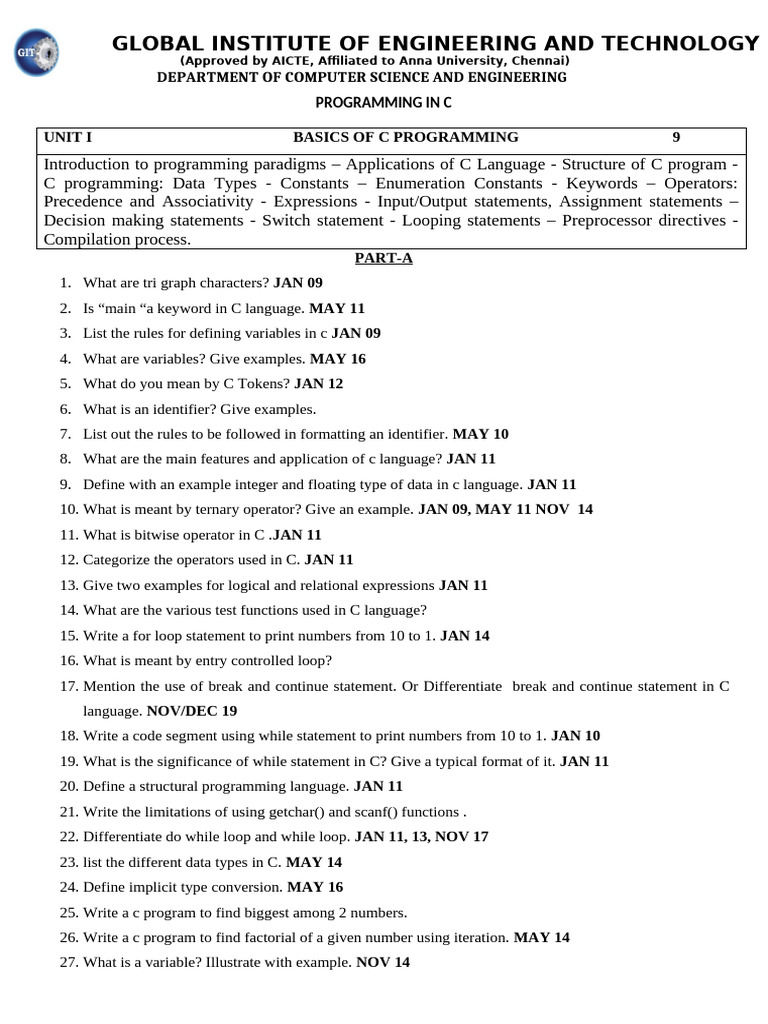 CS3251-Programming in C-Question Bank | PDF | C (Programming Language) | Control Flow