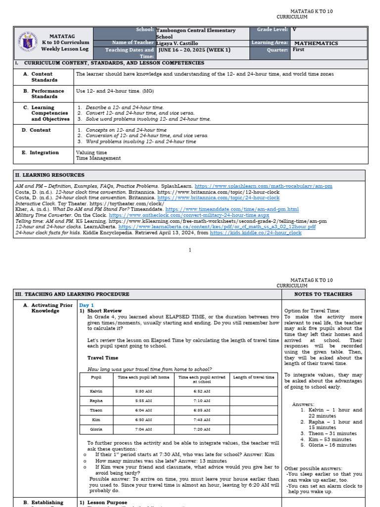 DLL Matatag - Mathematics 5 Q1 W1 | PDF | Learning | Curriculum