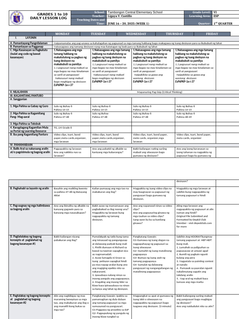 DLL - Esp 6 - Q1 - W1 | PDF