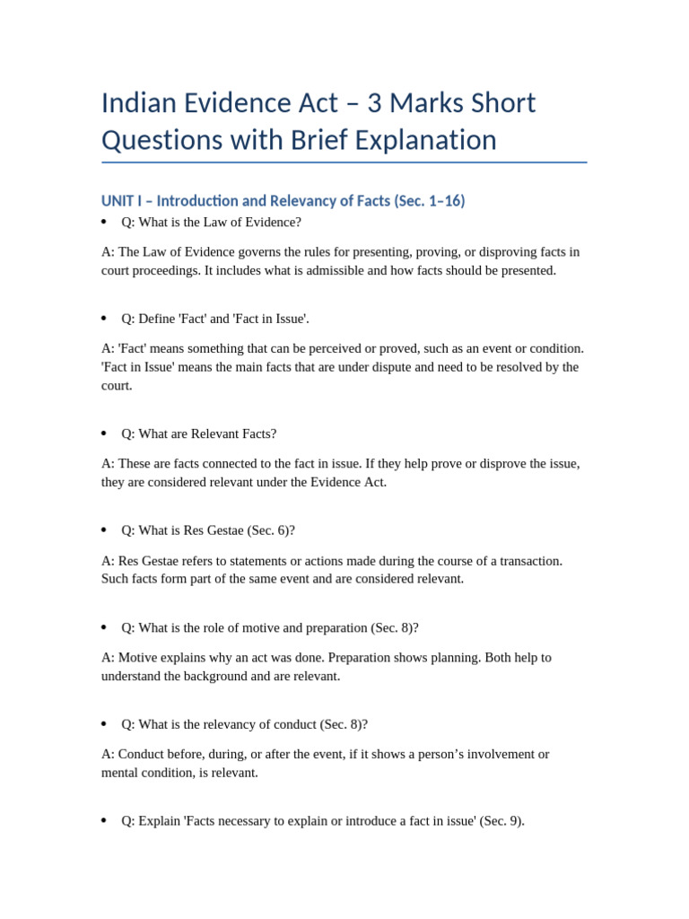 Indian Evidence Act 3 Marks QA Expanded | PDF | Evidence (Law) | Evidence