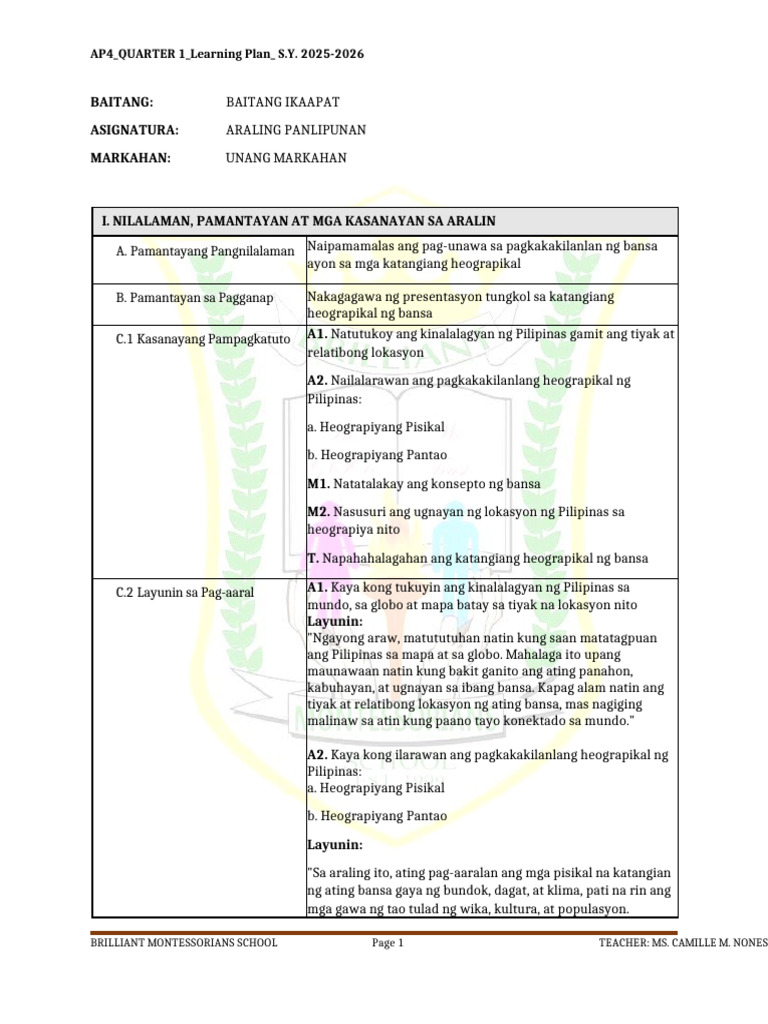 Ap4 - Learning Plan - Quarter1 | PDF