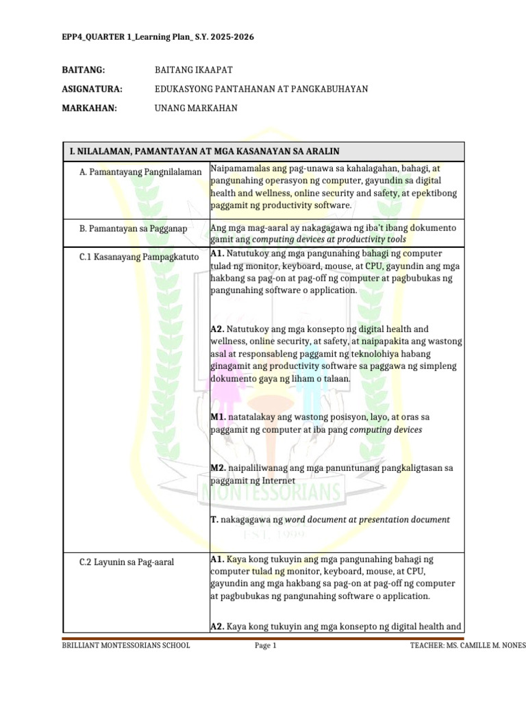 Epp4 - Learning Plan - Quarter1 | PDF