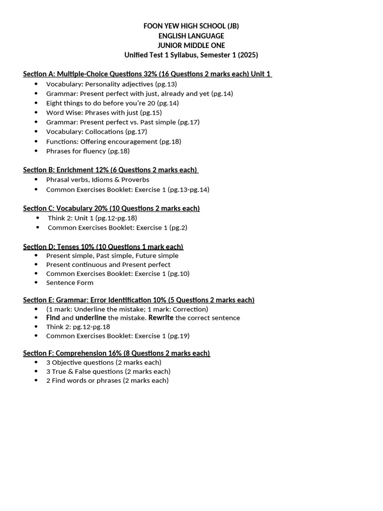 FOON YEW HIGH SCHOOL Syllabus | PDF